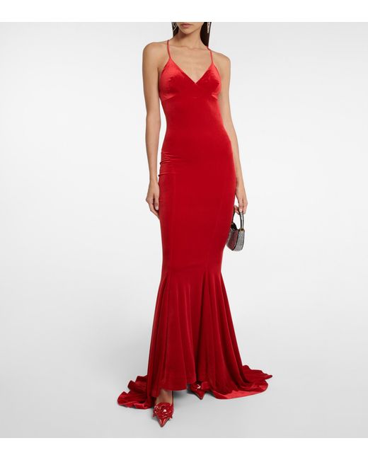 Norma Kamali Fishtail Velvet Gown in Red | Lyst