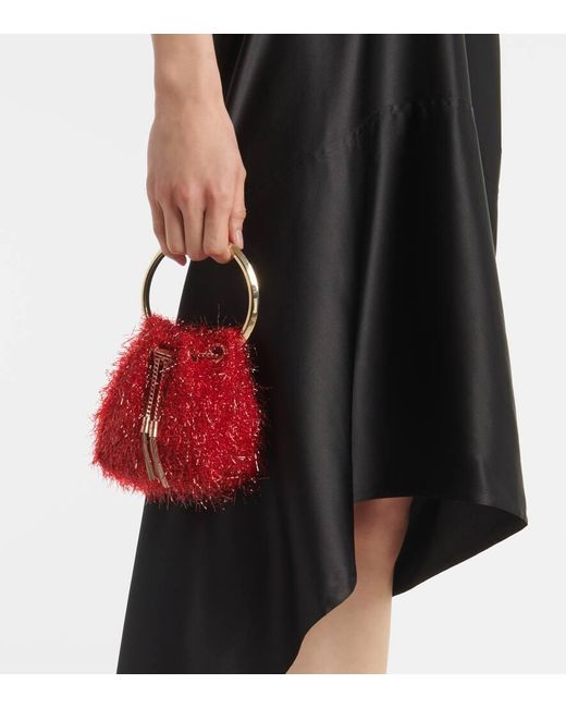 Jimmy Choo Bon Bon Mini Tinsel-Embellished Bucket Bag in Red | Lyst