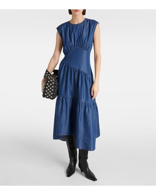 FRAME Gathered Tiered Denim Midi Dress in Blue | Lyst