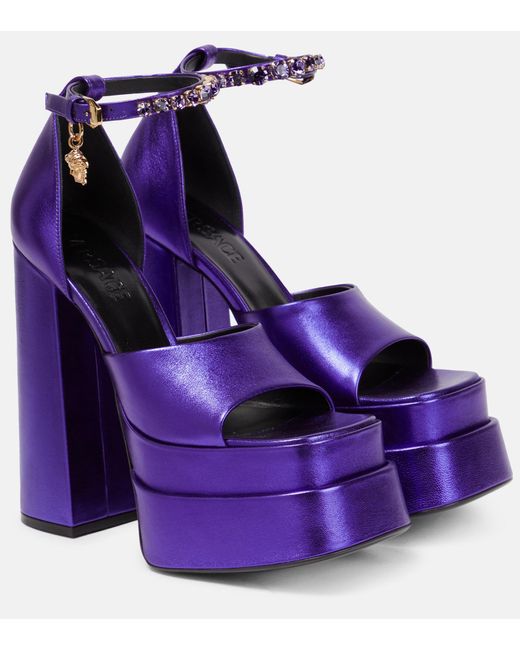 Versace Medusa Aevitas Leather Platform Sandals in Purple | Lyst