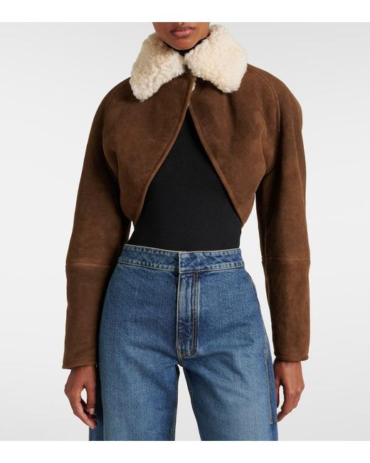 Alaïa Shearling-Trimmed Suede Button-Front Jacket in Brown | Lyst