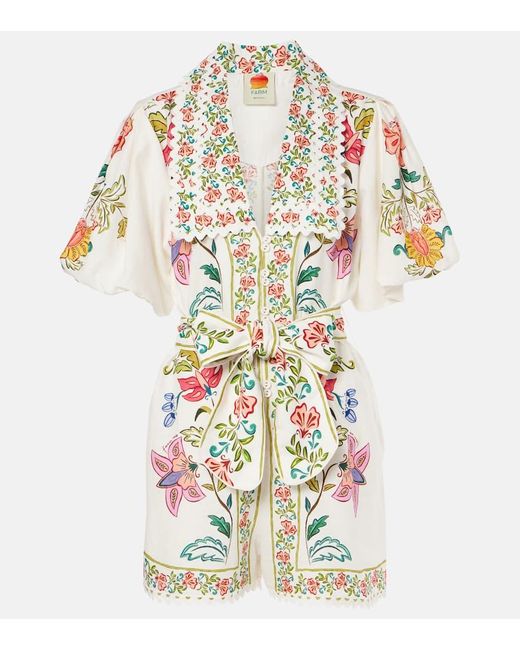 FARM Rio Floral Insects Linen-Blend Romper in White | Lyst