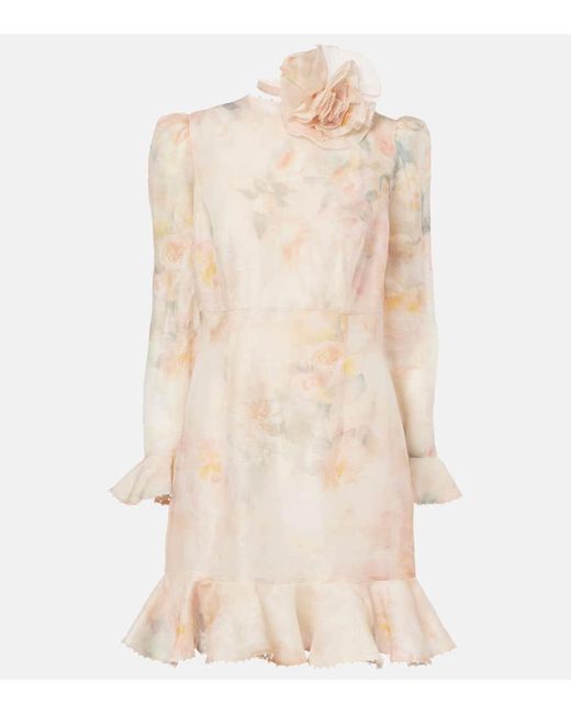 Zimmermann Crush Floral Linen And Silk Minidress in Natural | Lyst