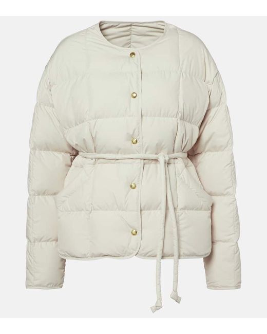 Moncler Belted Leather-Trimmed Down Jacket in Natural | Lyst