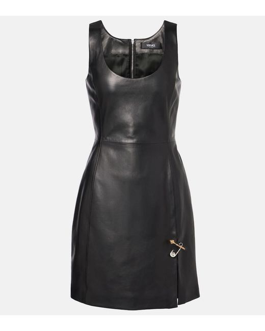 Versace Safety Pin Leather Minidress in Black | Lyst