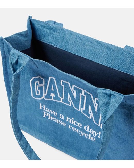 Ganni Logo Denim Tote Bag in Blue | Lyst