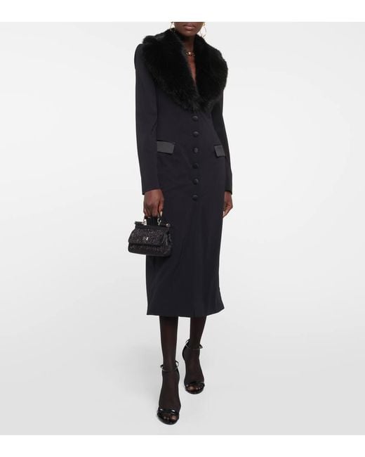 Dolce & Gabbana Faux-Fur Trimmed Silk Georgette Coat in Black | Lyst