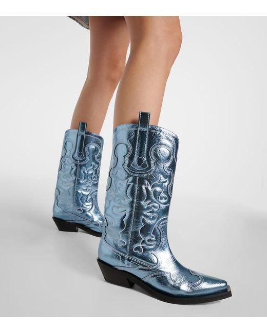Ganni Embroidered Metallic Cowboy Boots in Blue | Lyst