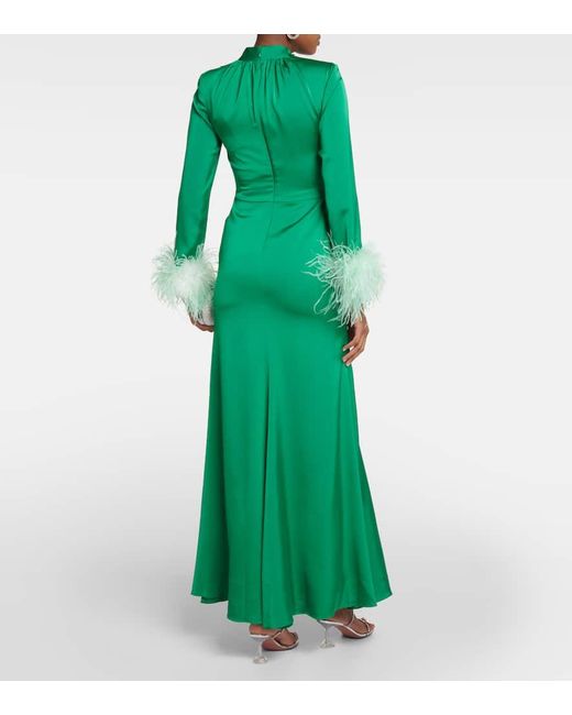 Self-Portrait Feather-trimmed Satin Gown in Green | Lyst