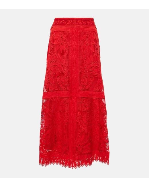 FARM Rio Toucan Guipure Lace Midi Skirt in Red | Lyst