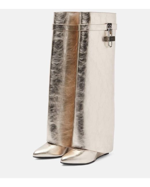 Givenchy Shark Lock Metallic Leather Knee-high Boots in Natural | Lyst