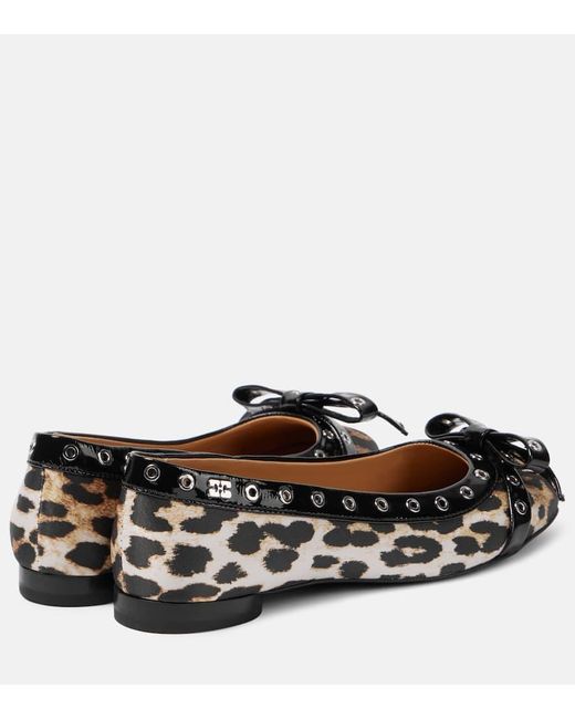 Ganni Eyelet Bow Leopard-Print Satin Ballet Flats in Black | Lyst