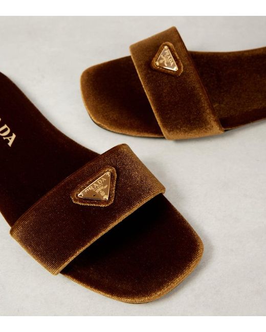 Prada Logo Velvet Slides in Brown | Lyst