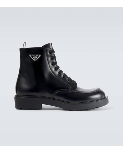 Prada Brushed Leather Logo Lace-Up Boots in Black for Men | Lyst
