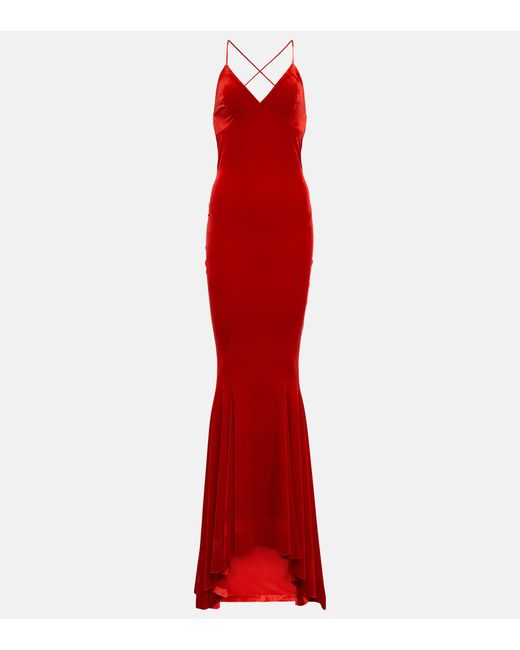Norma Kamali Fishtail Velvet Gown in Red | Lyst