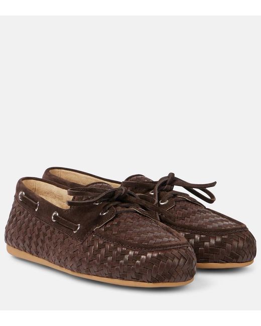 Miu Miu Woven Leather And Suede Boat Shoes in Brown | Lyst