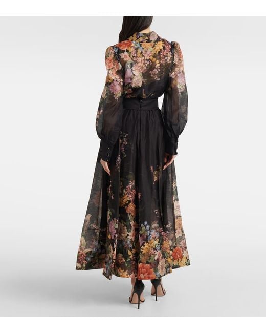 Zimmermann Pavilion Floral Linen And Silk Midi Skirt in Black | Lyst