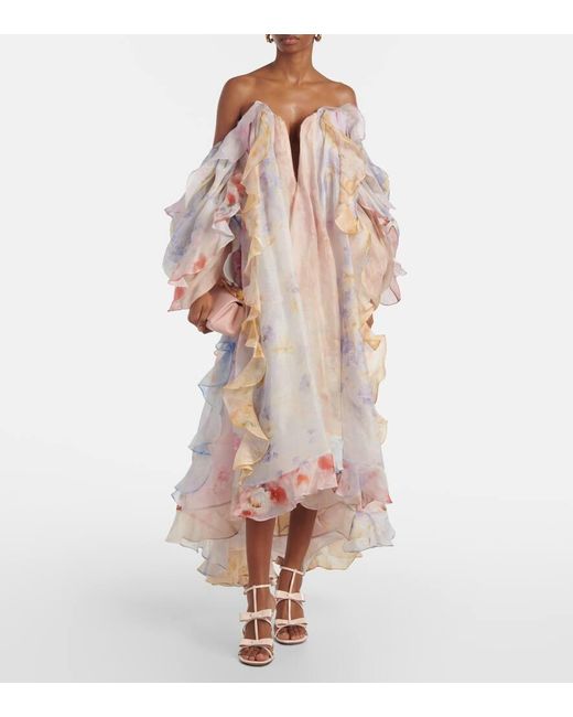 Zimmermann Crush Linen And Silk Organza Bustier Gown in Pink | Lyst