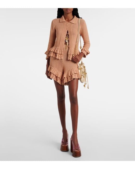 Chloé Ruffled Crochet Cotton Cardigan in Brown | Lyst