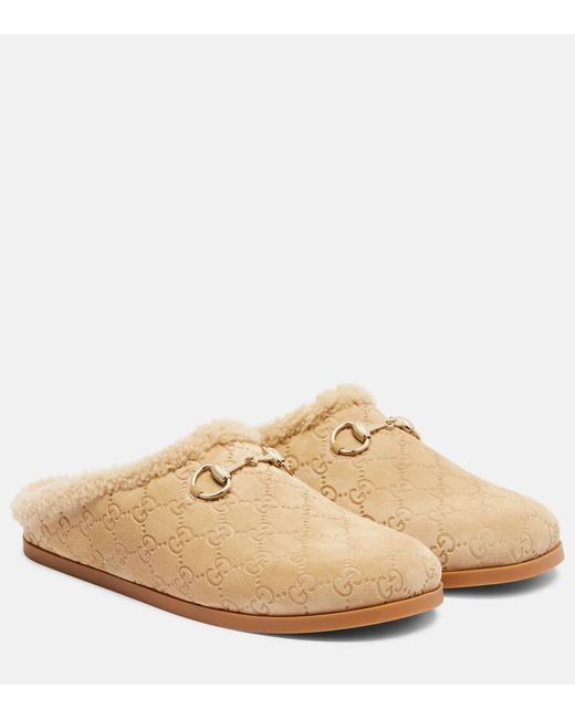 Gucci New Sol Shearling-Trimmed Suede Clogs in Natural | Lyst UK