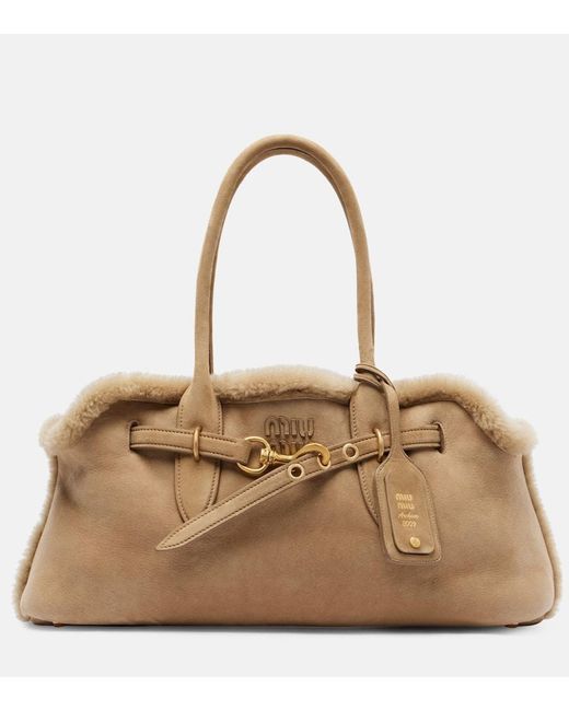 Miu Miu Adventure Shearling-Lined Suede Tote Bag in Natural | Lyst UK