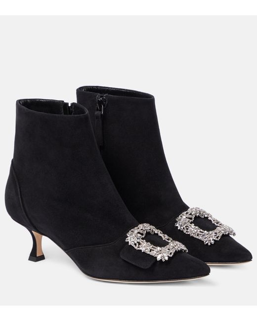 Manolo Blahnik Baylow Embellished Suede Ankle Boots in Black | Lyst