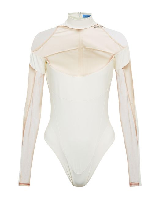 Mugler Synthetic Mesh Panel Mock Neck Bodysuit In Ivory Nude 01