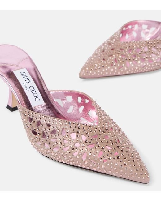 Jimmy Choo Solar 70 Embellished Laser-Cut Suede Mules in Pink | Lyst