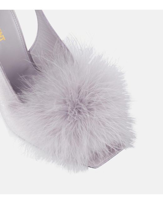 Saint Laurent Mae 110 Feather Trimmed Slingback Sandals In Gray Lyst