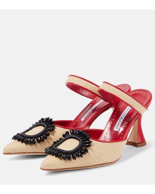 Manolo Blahnik Atika 90 Raffia Mules in Red | Lyst