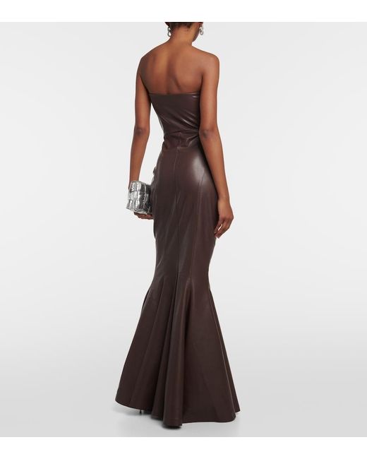Norma Kamali Strapless Faux Leather Fishtail Gown in Brown | Lyst