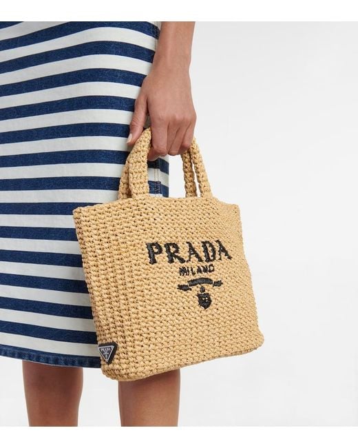 Prada Logo Raffia Shopper in Metallic | Lyst