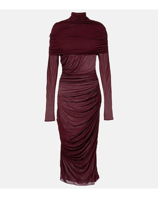 Mugler Sheer Ruched Midi Dress in Red | Lyst