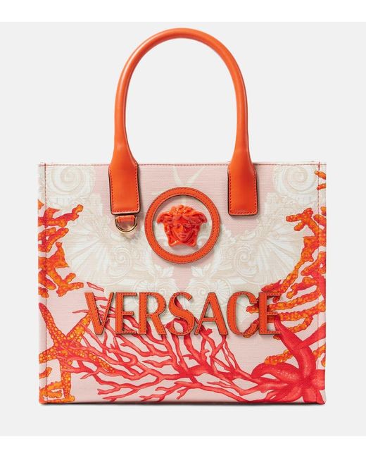 Versace La Medusa Barocco Sea Small Canvas Tote Bag in Red | Lyst
