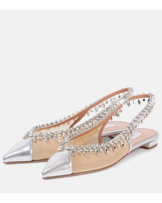 Aquazzura Temptation Crystal Mesh Slingback Flats in Natural | Lyst