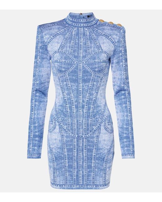Balmain Jacquard Denim-Effect Mini Dress in Blue | Lyst UK