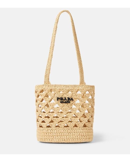 Prada Logo Raffia-Effect Crochet Tote Bag in Metallic | Lyst UK