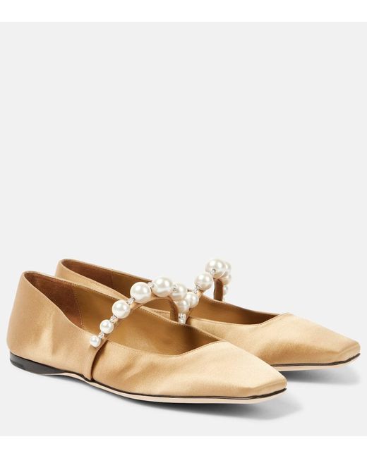 Jimmy Choo Ade Embellished Satin Mary Jane Flats in Natural | Lyst