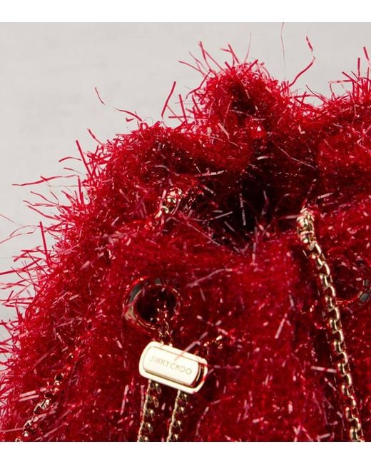 Jimmy Choo Bon Bon Mini Tinsel-Embellished Bucket Bag in Red | Lyst