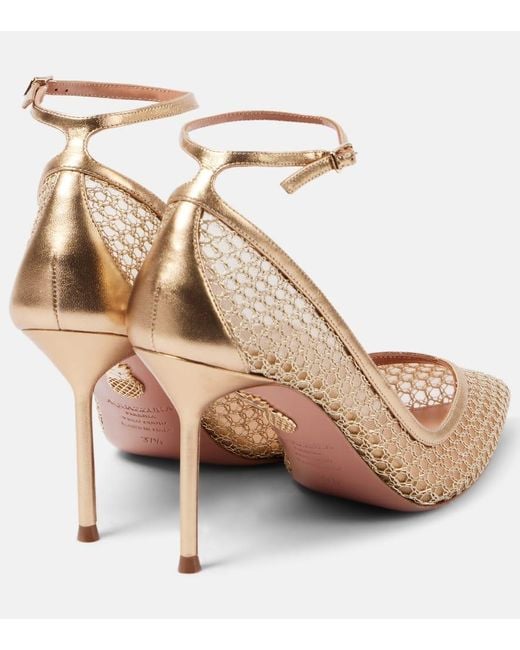 Aquazzura Asha 85 Leather-Trimmed Mesh Pumps in Natural | Lyst