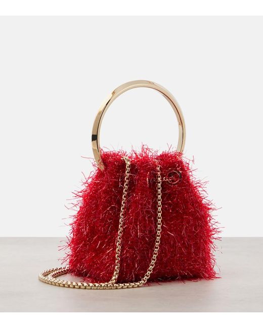 Jimmy Choo Bon Bon Mini Tinsel-Embellished Bucket Bag in Red | Lyst