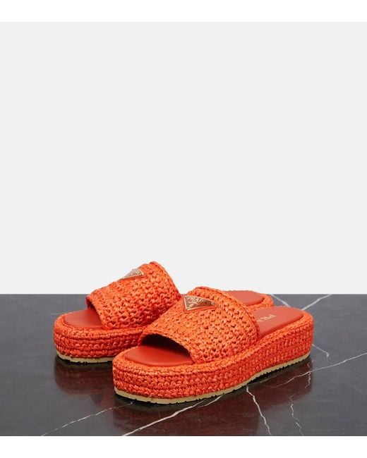 Prada Logo Raffia Platform Slides in Orange | Lyst