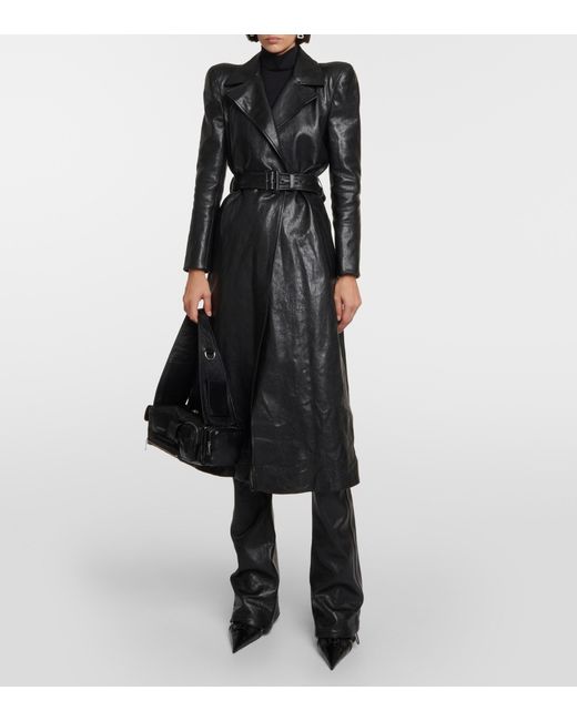 Balenciaga Leather Trench Coat In Black Lyst