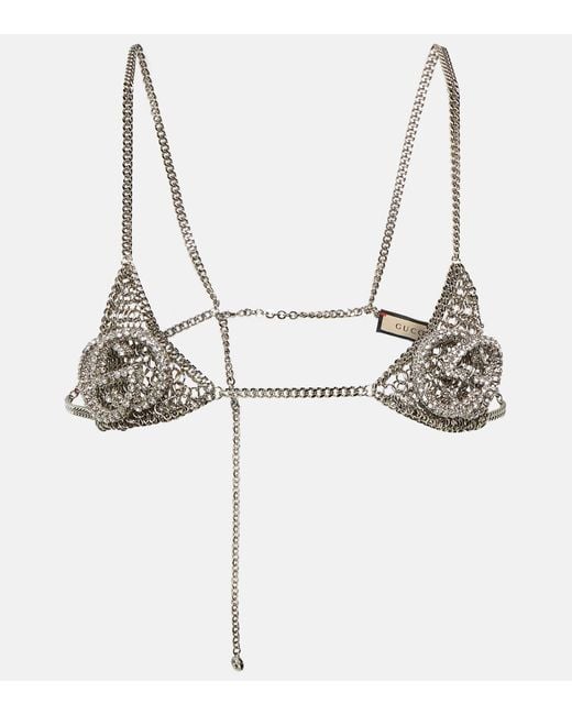 Gucci Interlocking G Embellished Chain Bra in Metallic | Lyst