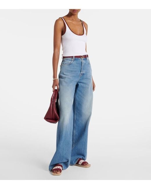 Gucci Logo Embroidered Raffia Espadrille Slides in Brown | Lyst