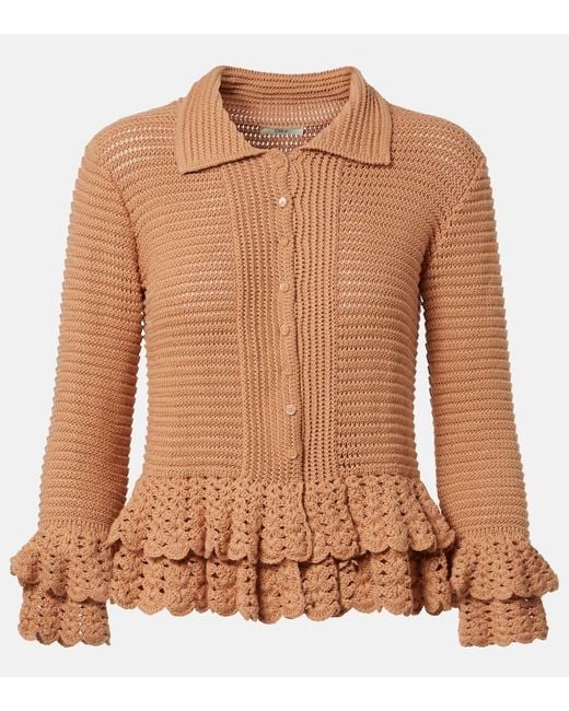 Chloé Ruffled Crochet Cotton Cardigan in Brown | Lyst