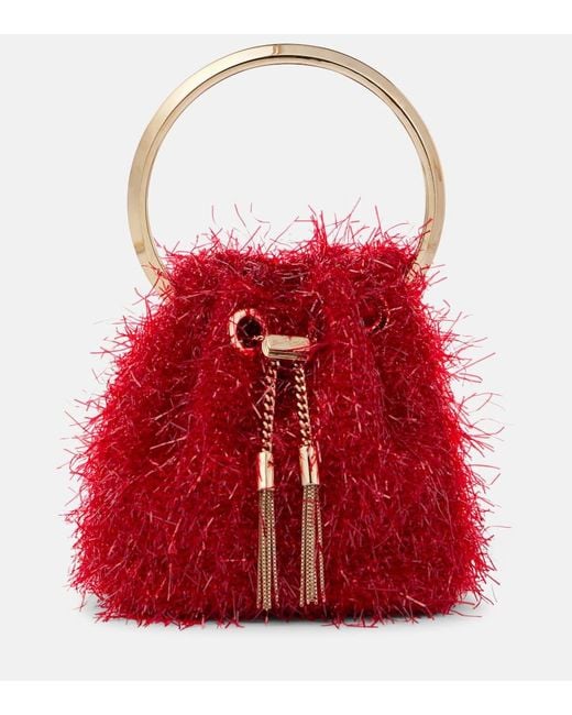Jimmy Choo Bon Bon Mini Tinsel-Embellished Bucket Bag in Red | Lyst
