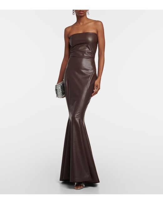 Norma Kamali Strapless Faux Leather Fishtail Gown in Brown | Lyst