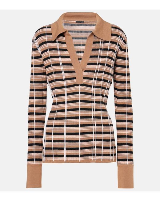 JOSEPH Checked Wool And Silk Polo Sweater in Brown | Lyst