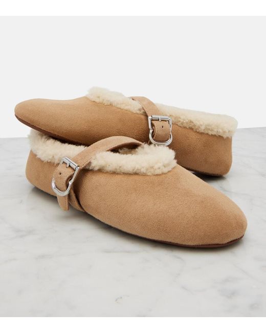 Alaïa Shearling-Lined Suede Ballet Flats in Natural | Lyst UK